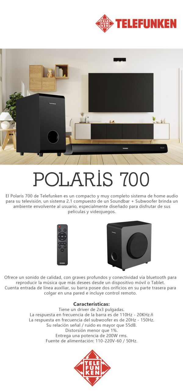 Sistema de Sonido Soundbar+Sub Telefunken Polaris 700 subwoofer ...