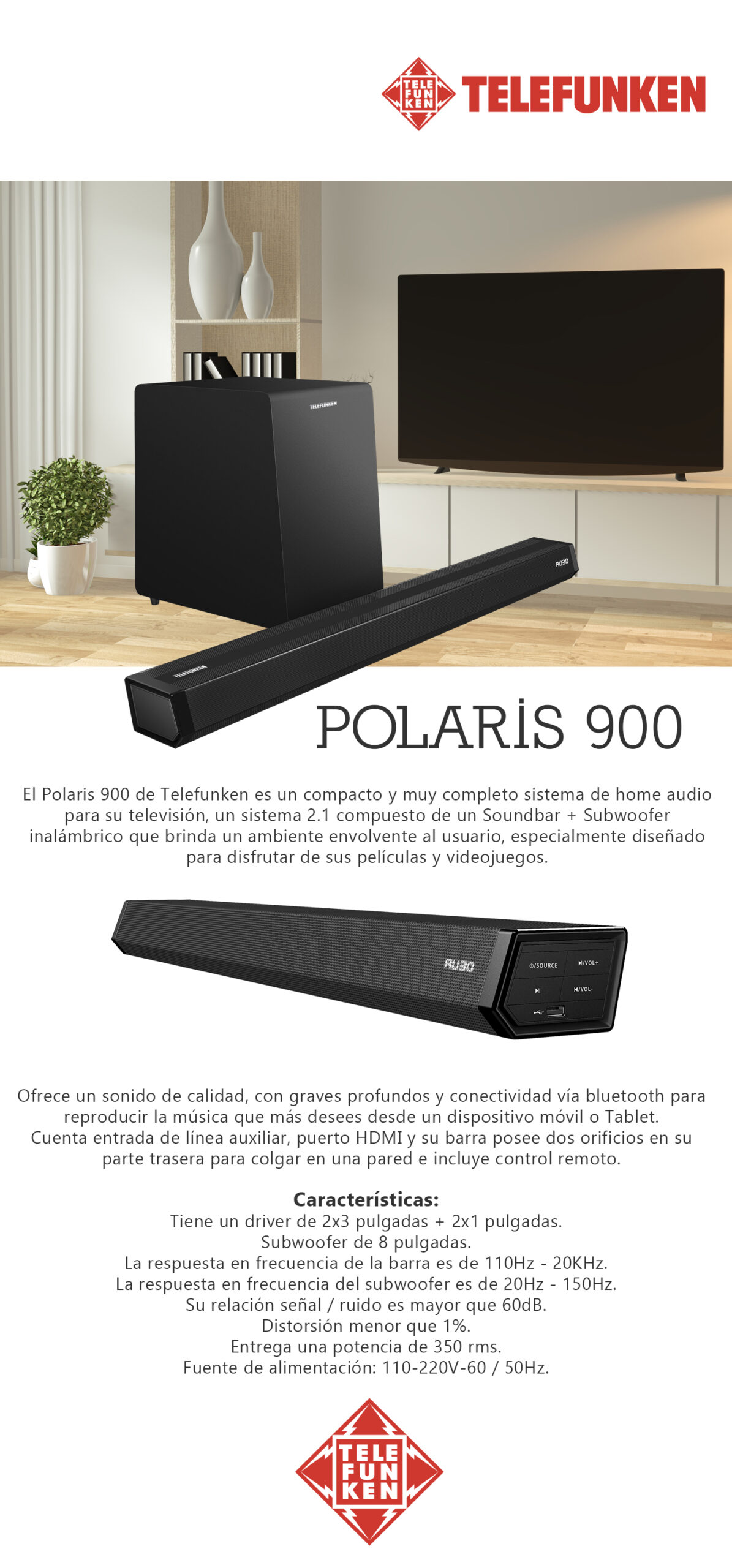 Sistema de Sonido Soundbar+Sub Telefunken Polaris 900 subwoofer ...